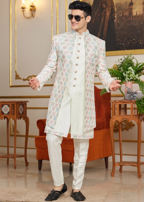 Readymade Cream Embroidered Jacket Style Indo Western Sherwani 1295MW01