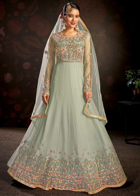 Sage Green Thread Embroidered Anarkali Suit In Net 5840SL02