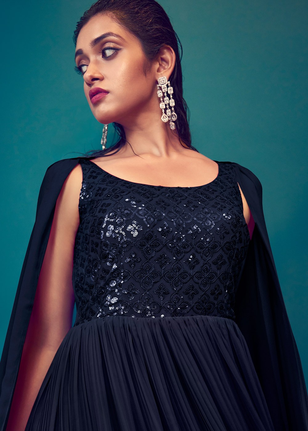 Navy Blue Embroidered Cape Style Flared Gown 314GW04