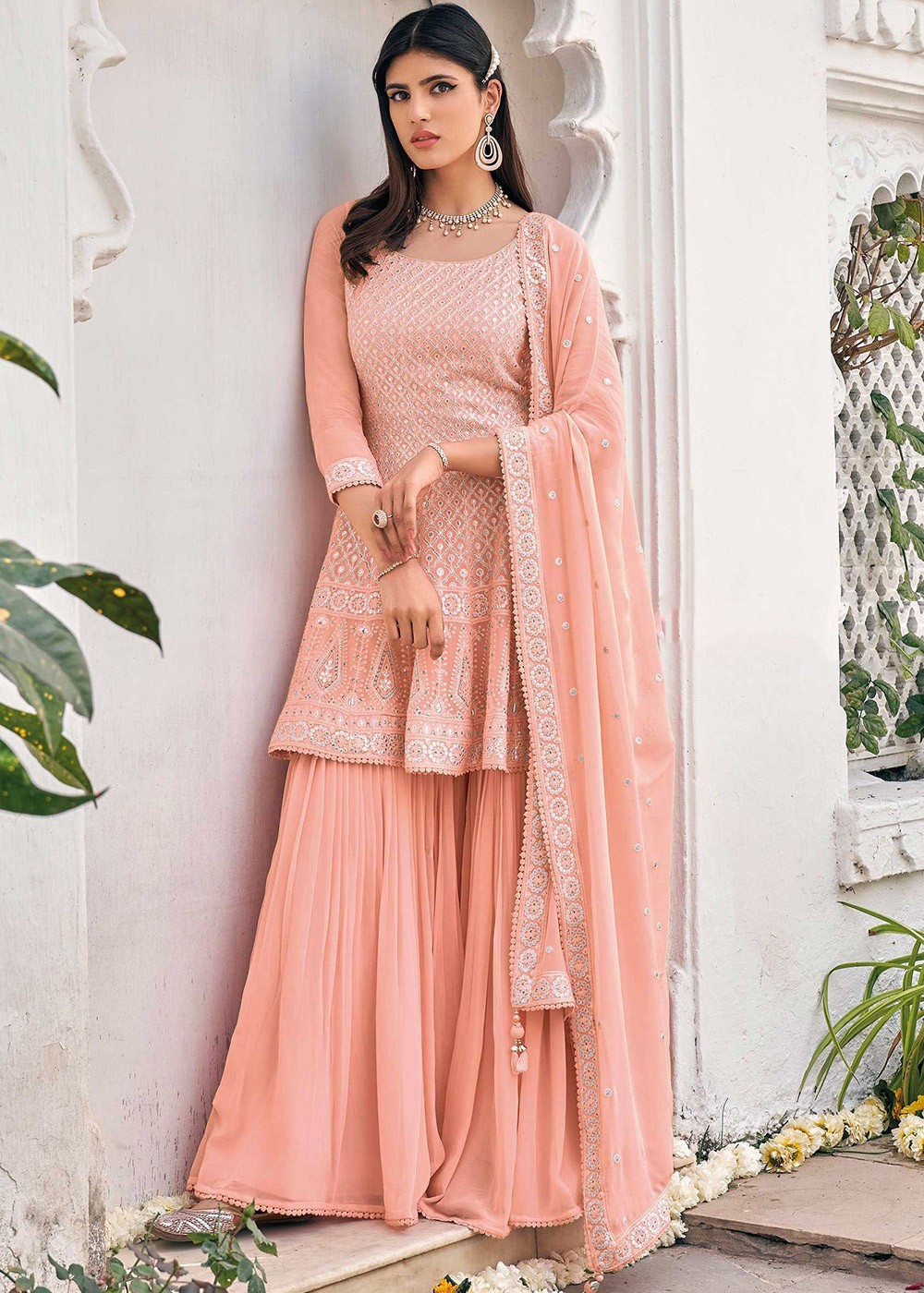 Peach Embroidered Sharara Style Suit Latest 4957SL18