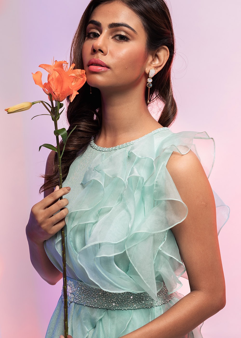 Green Embroidered Ruffled Top Bottom Set 512TB24