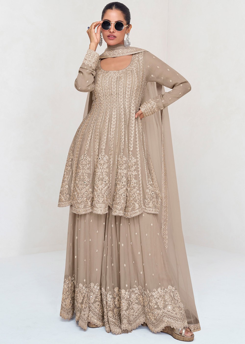 Beige Readymade Embroidered Peplum Style Sharara Suit 5938SL03