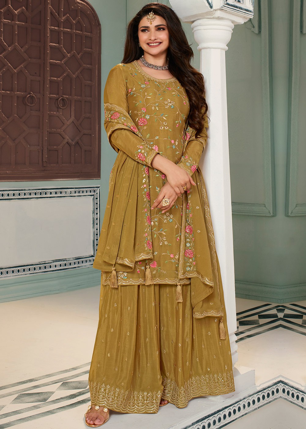 Prachi Desai Yellow Embroidered Sharara Style Suit 5976SL03