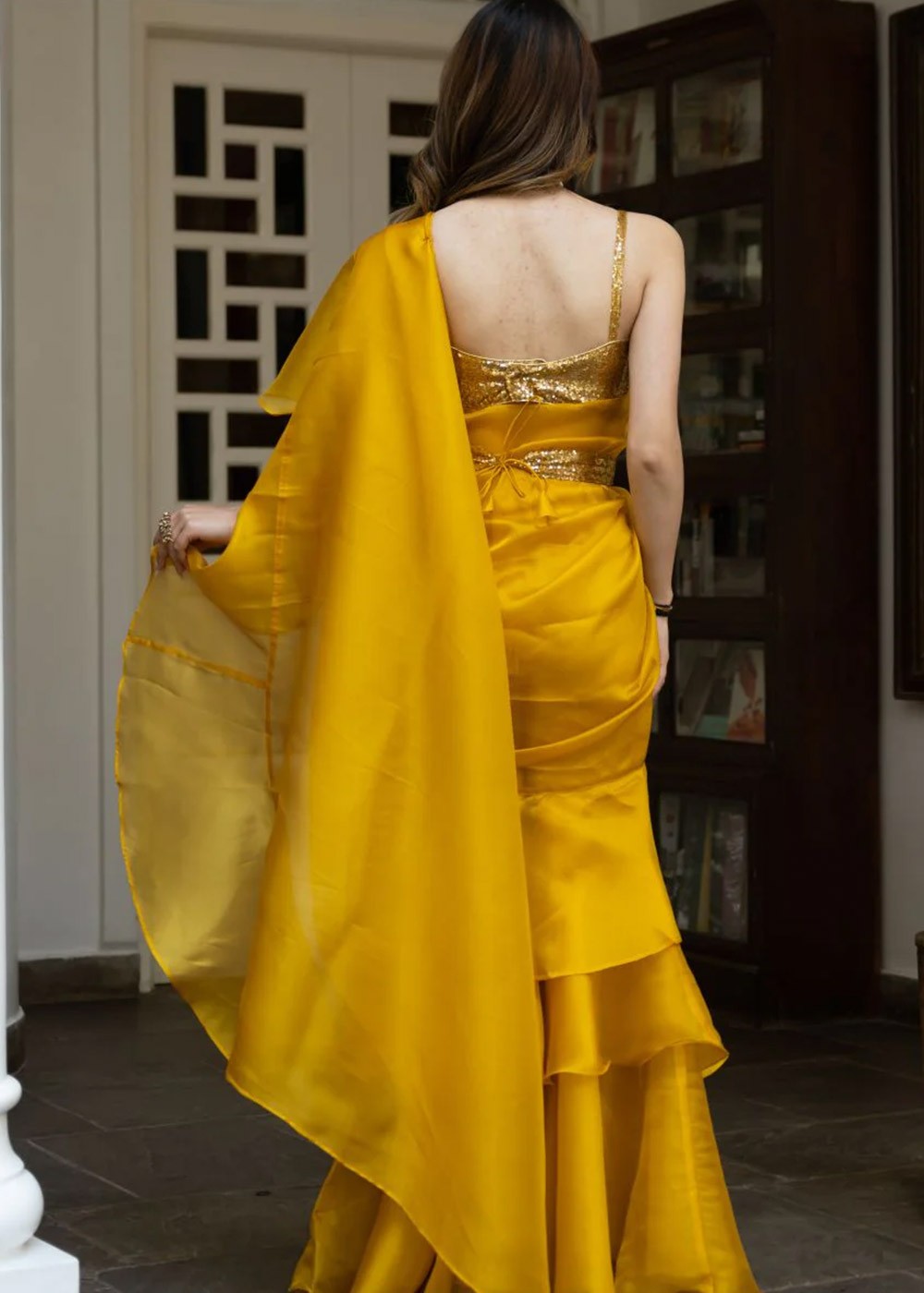 Yellow Readymade Ruffled Saree In Organza Best Sellers by Panash 6348SR01