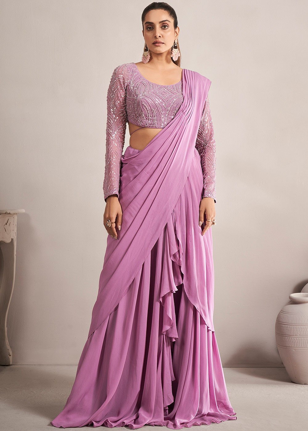 Pre-Stitched Pink Ruffled Saree 6576SR04